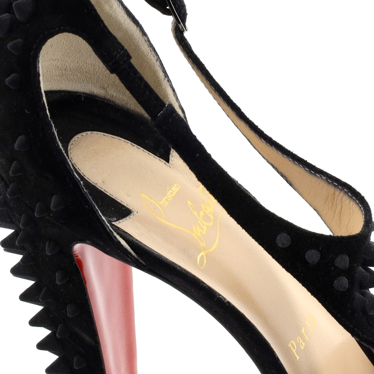 Christian Louboutin Goldostrap Spike T-Strap Pumps Spiked Suede Black ...