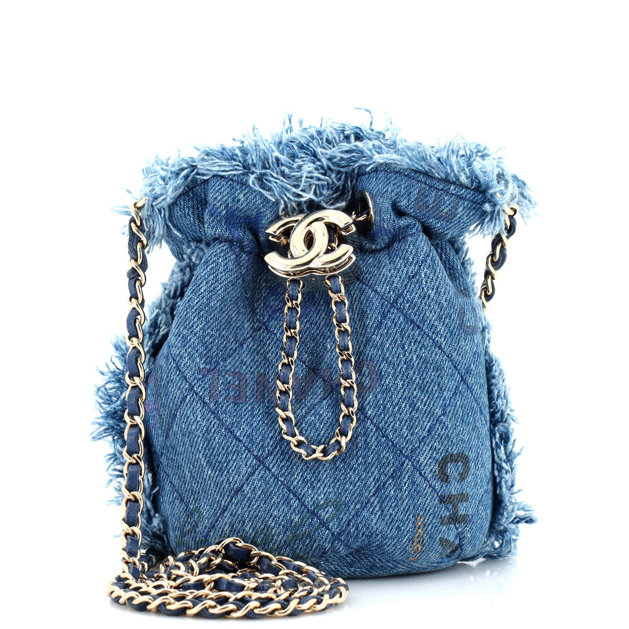 Chanel Denim Mood Chain Bucket Bag Logo Printed Quilted Fringe Denim ...