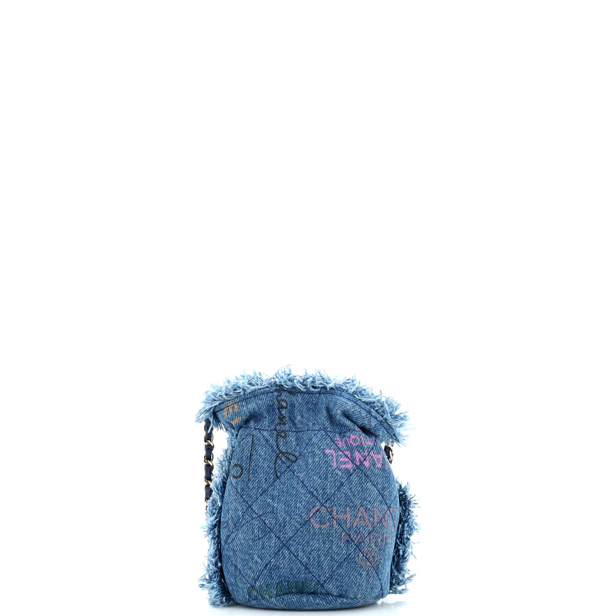 Chanel Denim Mood Chain Bucket Bag Logo Printed Quilted Fringe Denim ...