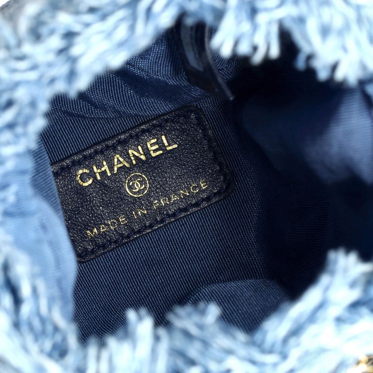 Chanel Denim Mood Chain Bucket Bag Logo Printed Quilted Fringe Denim ...