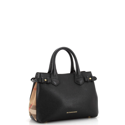 Burberry Banner Tote Leather and House Check Canvas Small Black 2704322