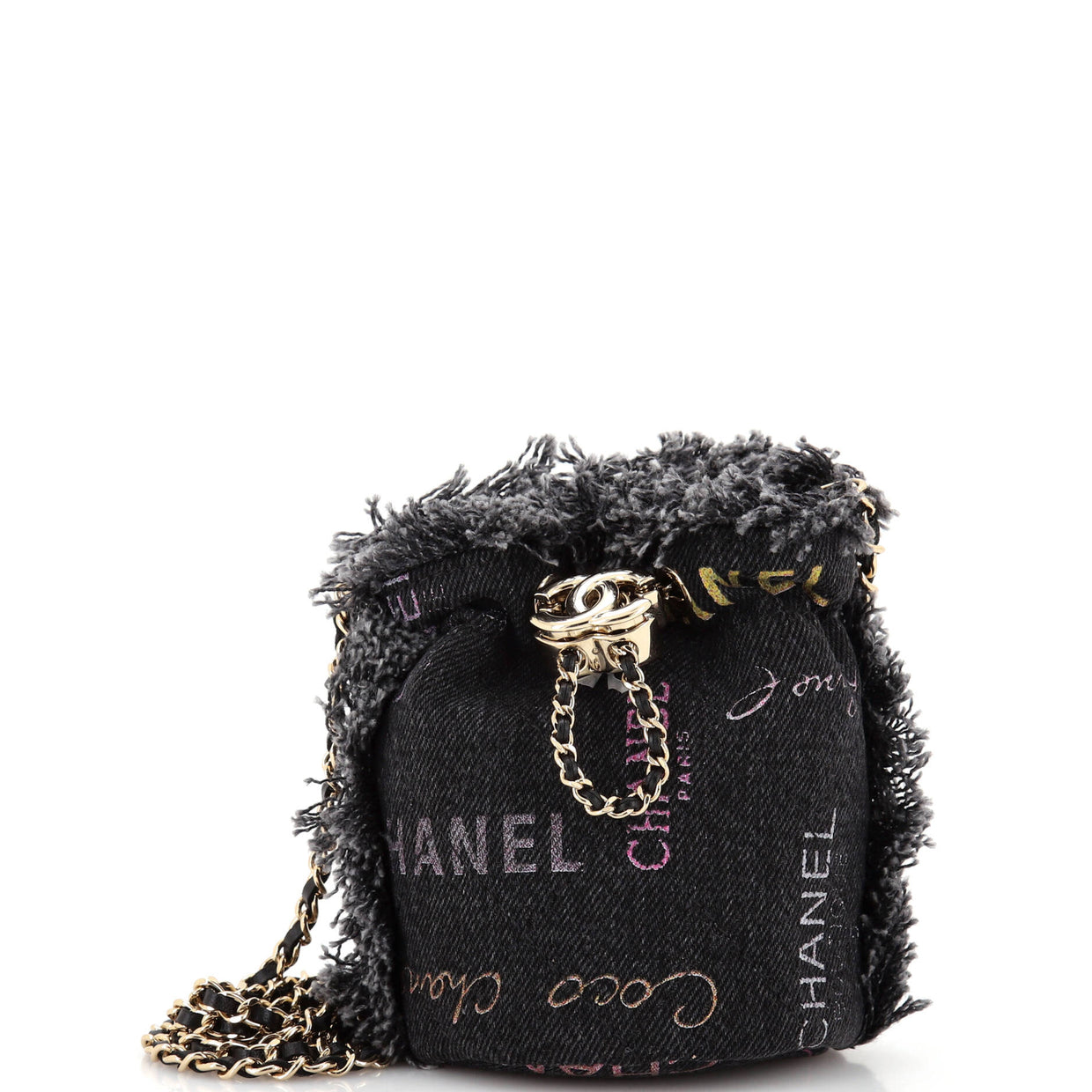 Chanel Denim Mood Chain Bucket Bag Logo Printed Quilted Fringe Denim ...