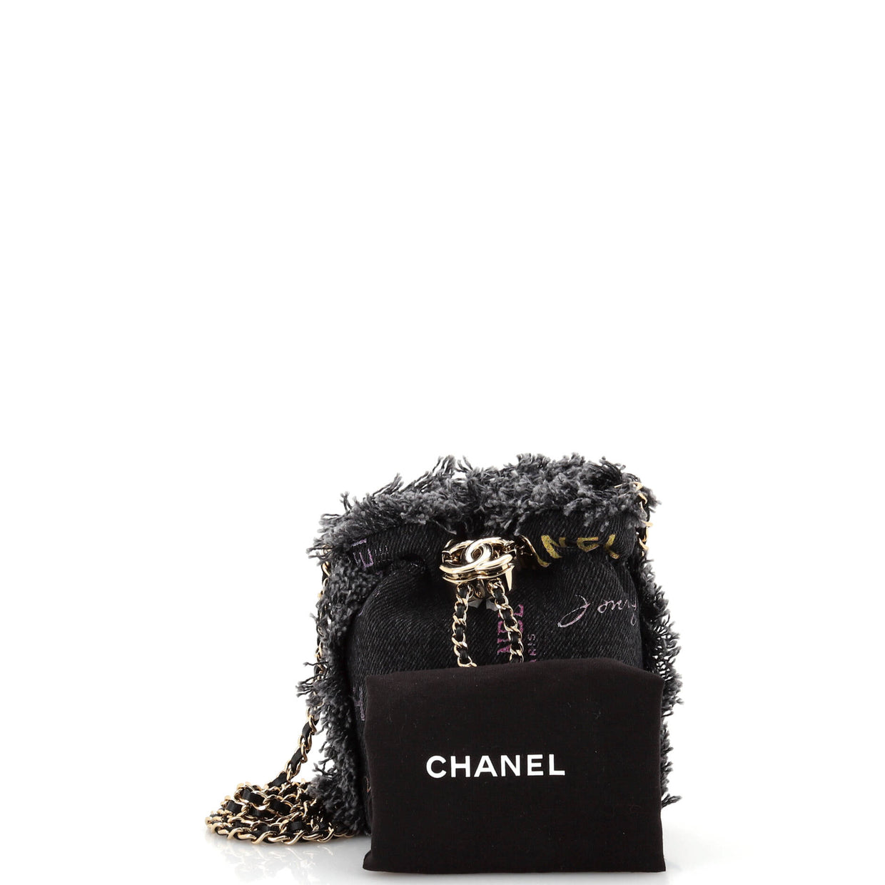 Chanel Denim Mood Chain Bucket Bag Logo Printed Quilted Fringe Denim ...