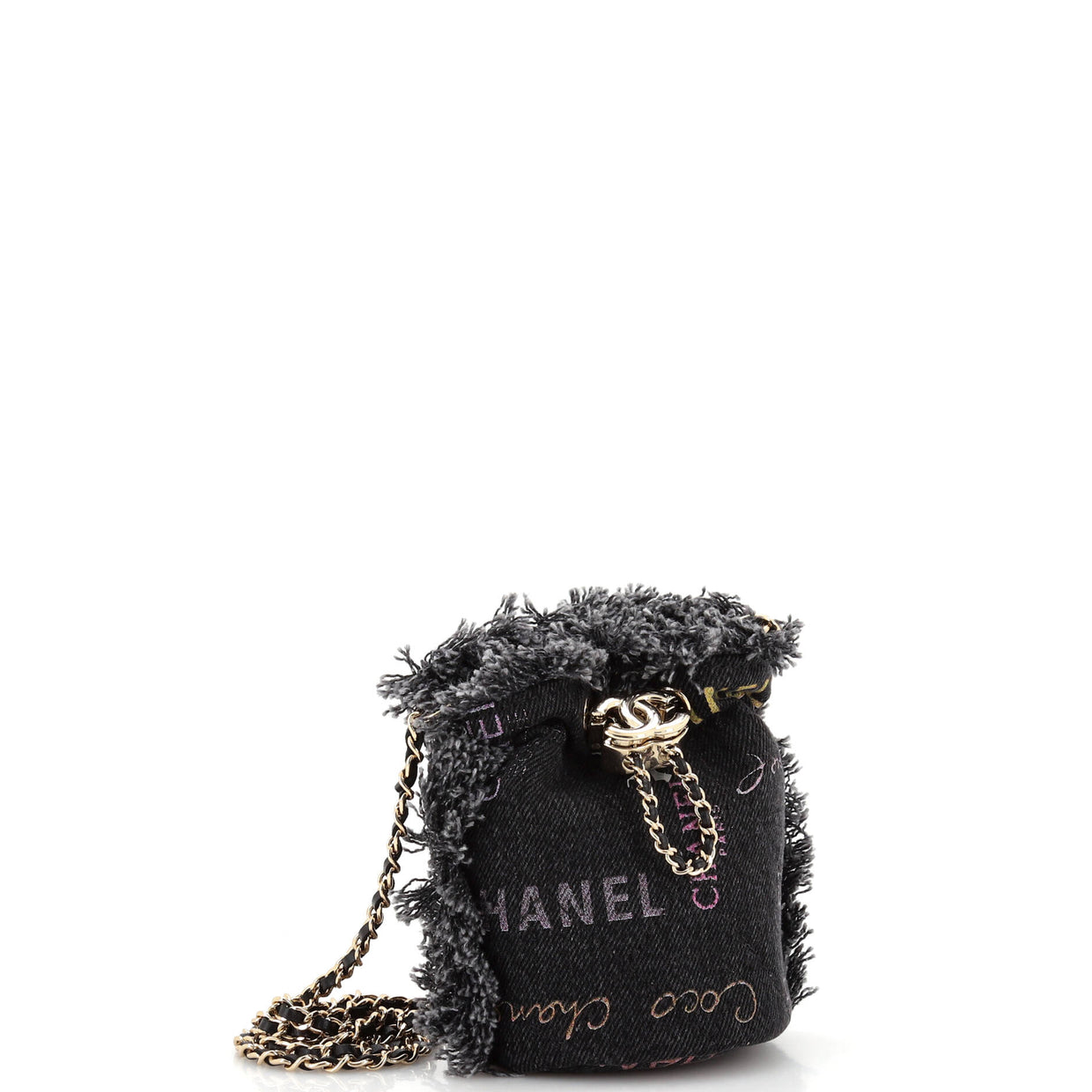 Chanel Denim Mood Chain Bucket Bag Logo Printed Quilted Fringe Denim ...