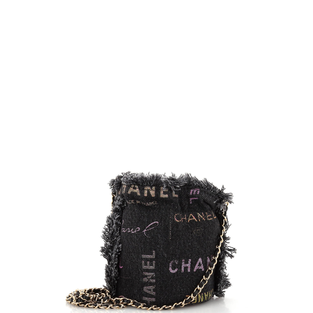 Chanel Denim Mood Chain Bucket Bag Logo Printed Quilted Fringe Denim ...
