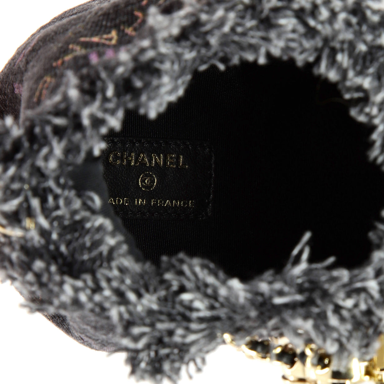 Chanel Denim Mood Chain Bucket Bag Logo Printed Quilted Fringe Denim ...