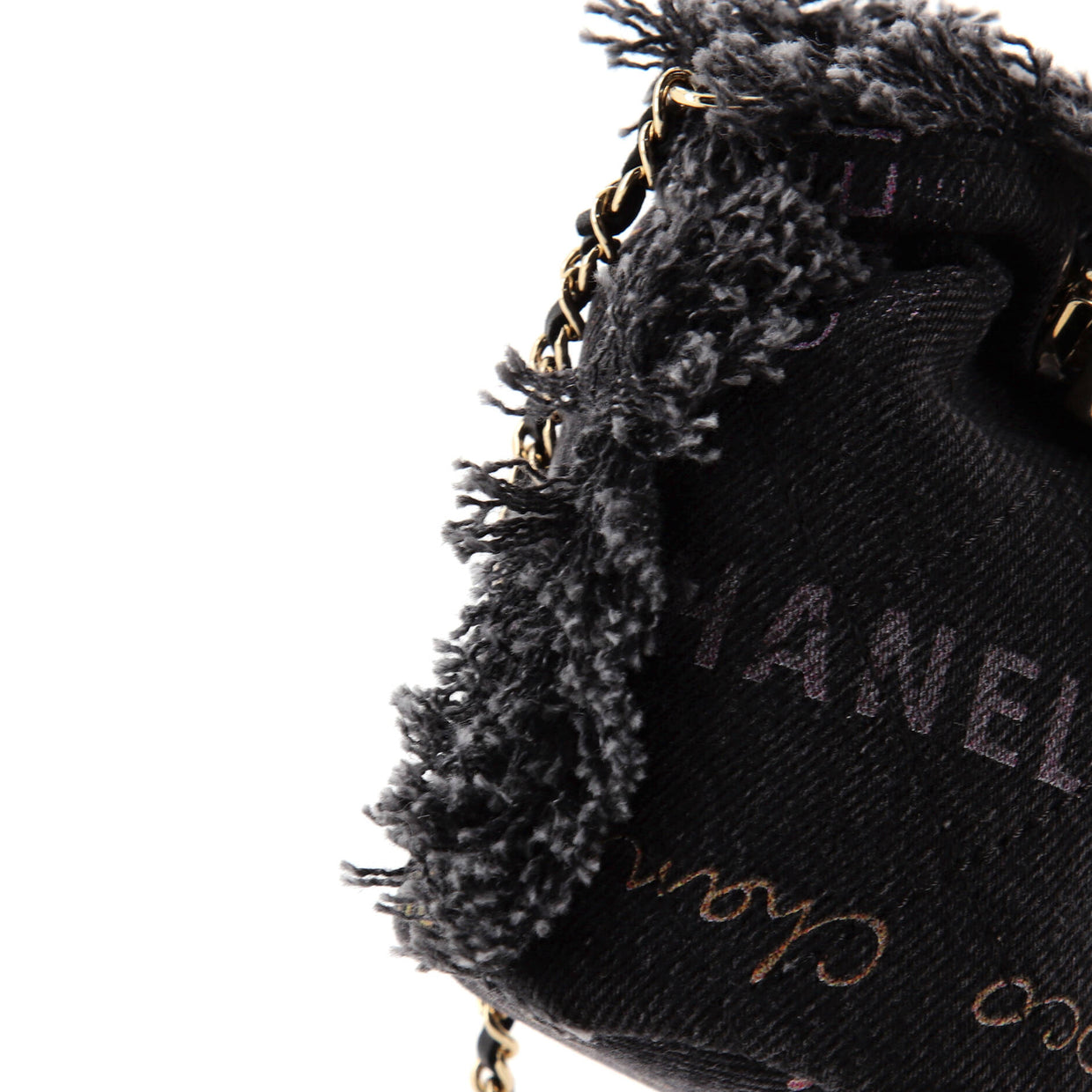 Chanel Denim Mood Chain Bucket Bag Logo Printed Quilted Fringe Denim ...