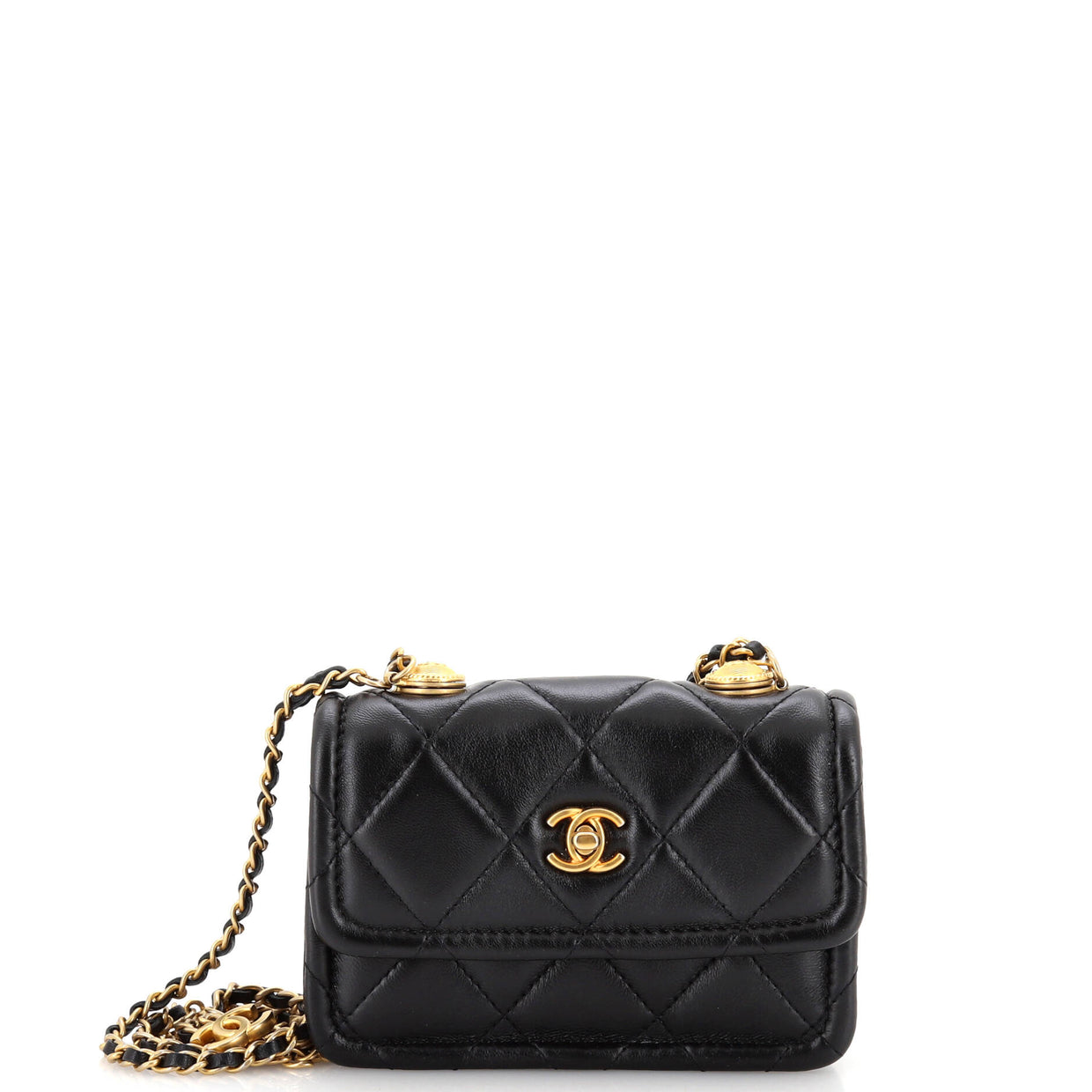 Chanel Button on Top Flap Clutch with Chain Quilted Shiny Lambskin Mini ...