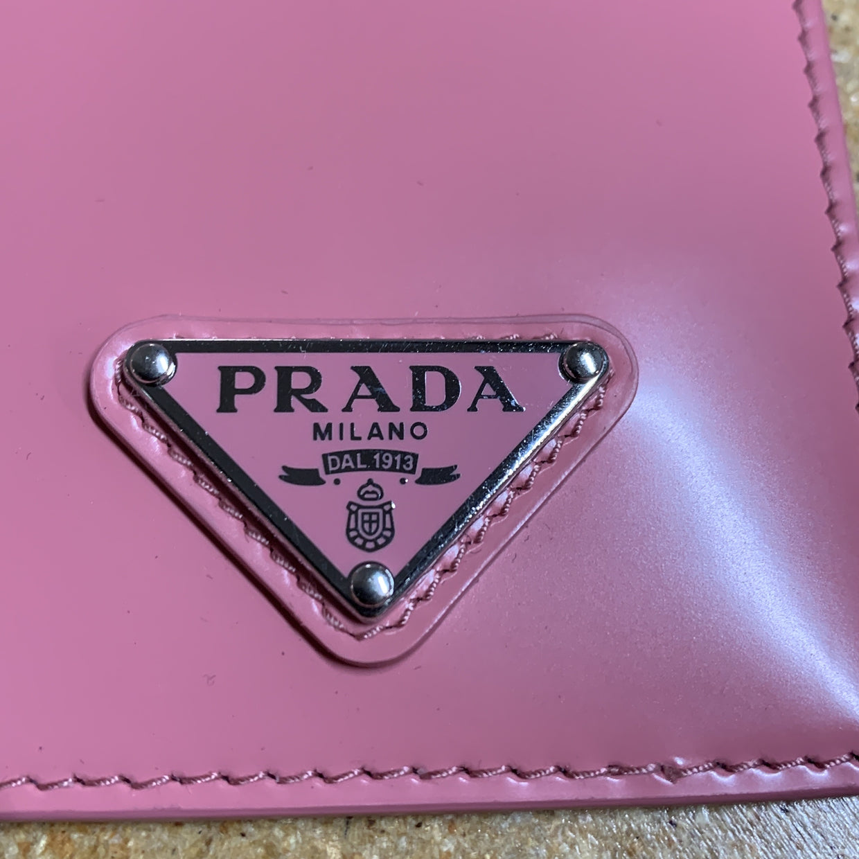 Prada Triangle Logo Card Holder Chain Lanyard Brushed Leather Pink 2866781