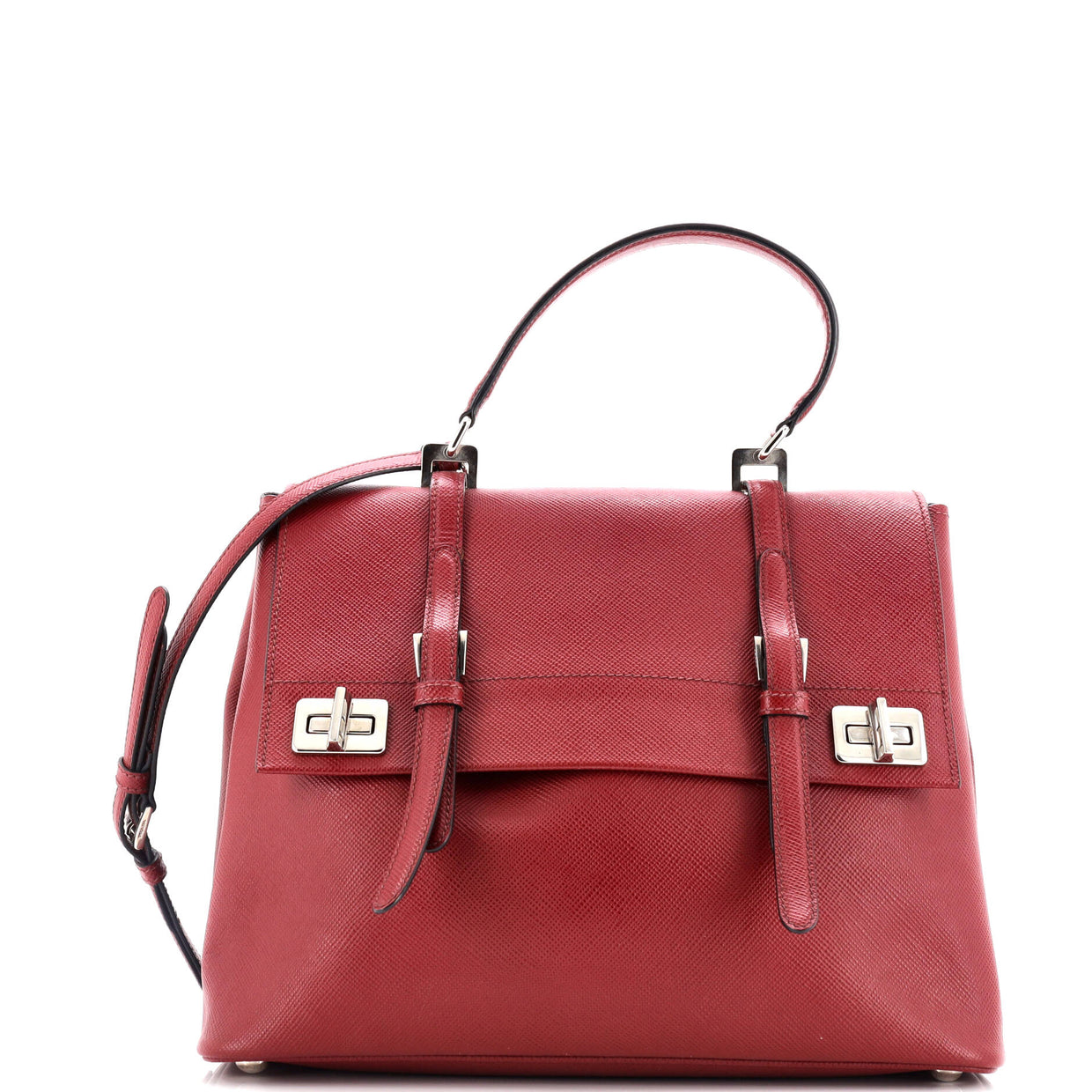 Prada Dual Flap Double Turn Lock Satchel City Calfskin Medium Red 334539111