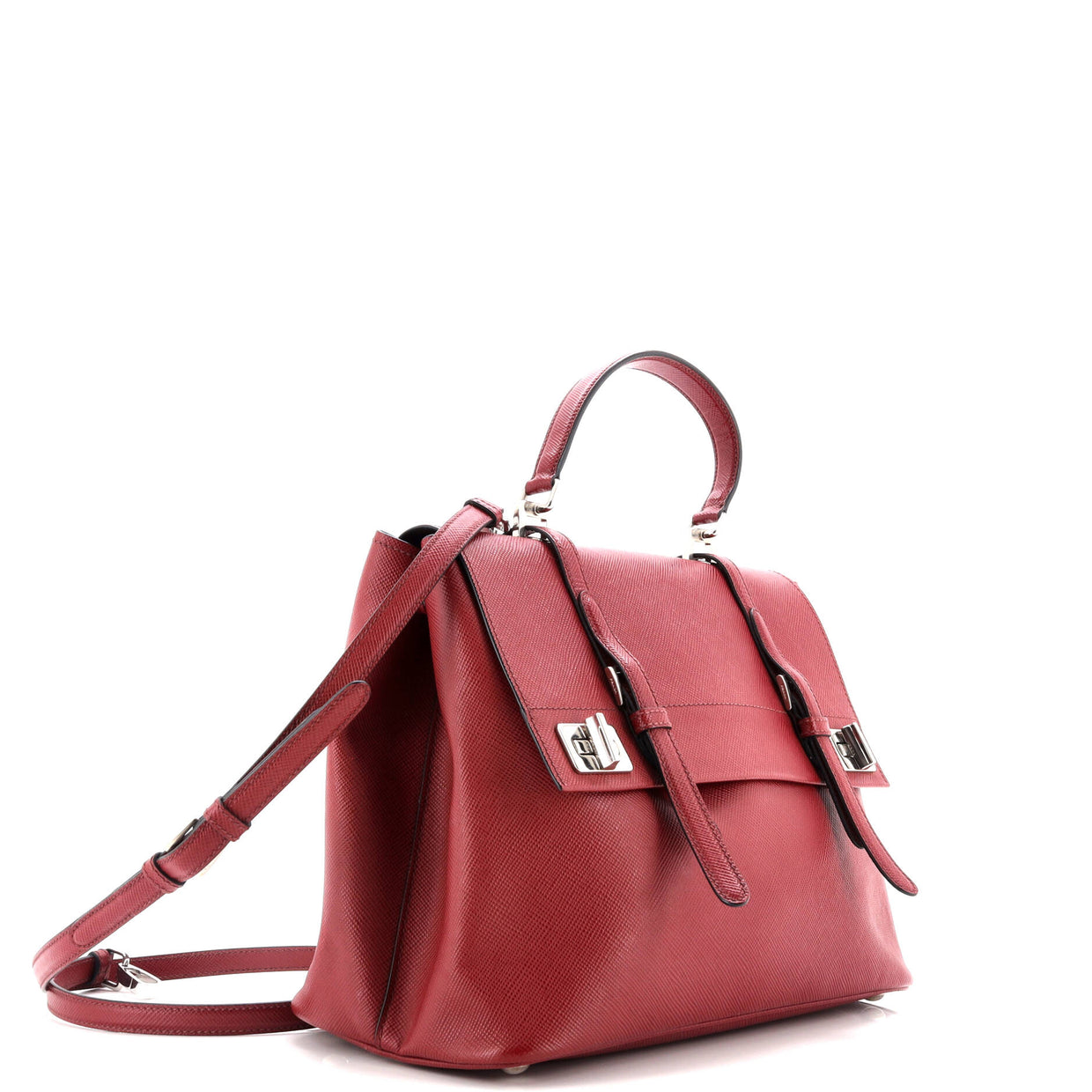 Prada Dual Flap Double Turn Lock Satchel City Calfskin Medium Red 334539111