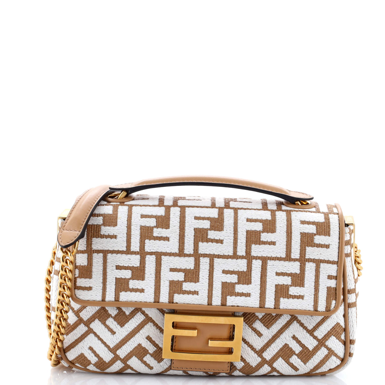 Fendi Midi Baguette Chain Bag Zucca Embroidered Raffia Medium Brown ...
