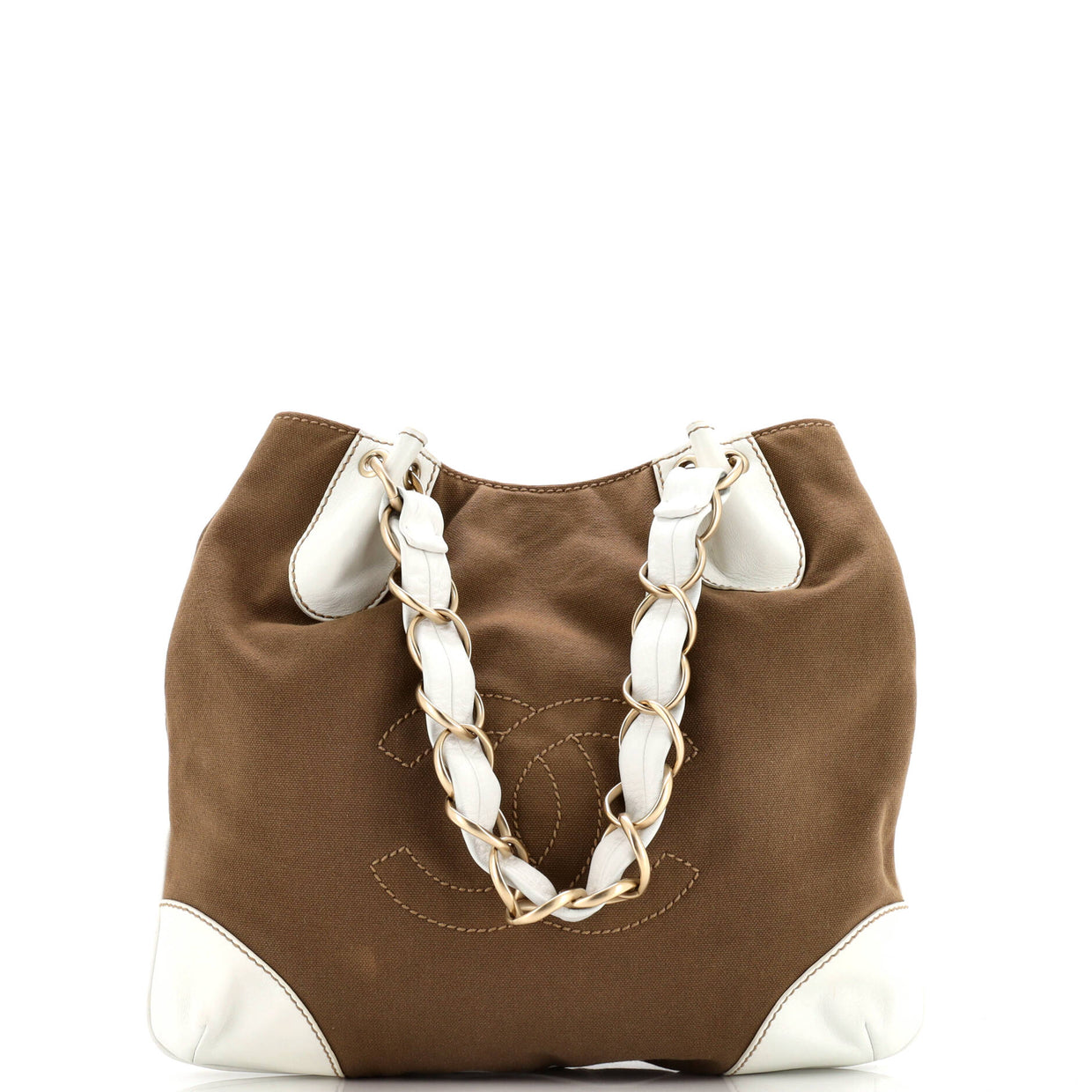 Chanel Vintage Olsen CC Chain Tote Canvas with Leather Medium Green 3422882