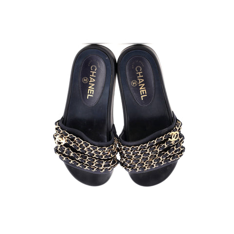 Chanel Women's CC Chain Slide Sandals Satin Blue 3551921