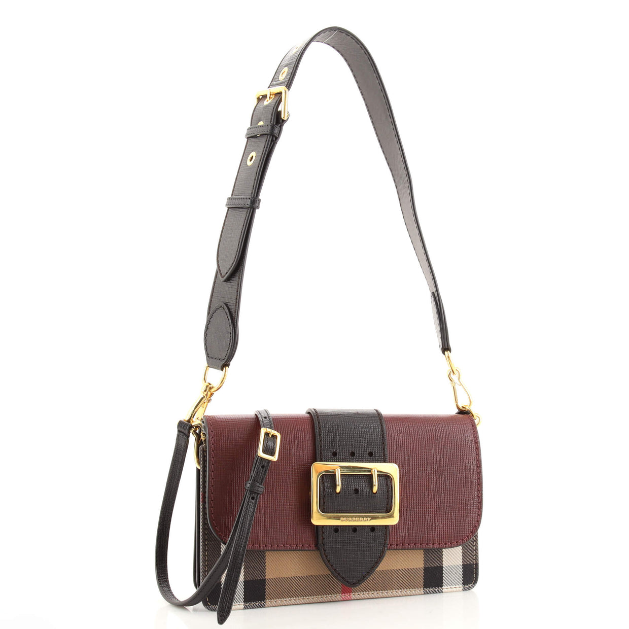 Burberry Madison Buckle Flap Bag House Check Canvas and Leather Small ...