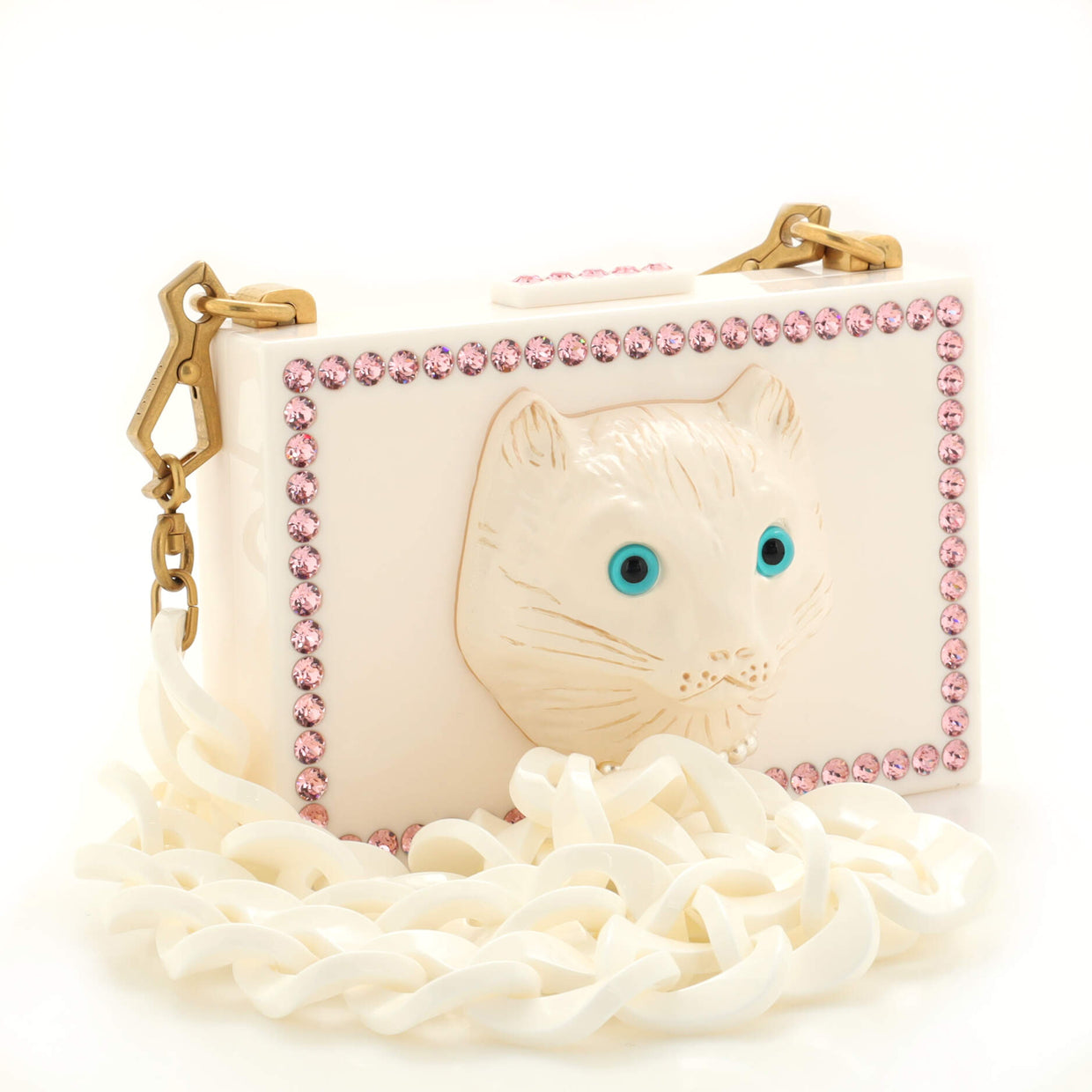 Gucci Cat Face Box Clutch Crystal Embellished Plexiglass White 180619309