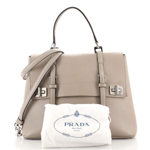 Prada Dual Flap Double Turn Lock Satchel City Calfskin Large Gray 1877882