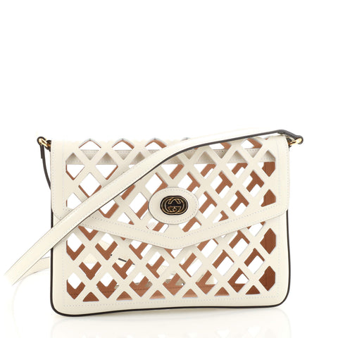 Gucci Traforata Flap Crossbody Bag Cutout Leather with Flora Canvas ...