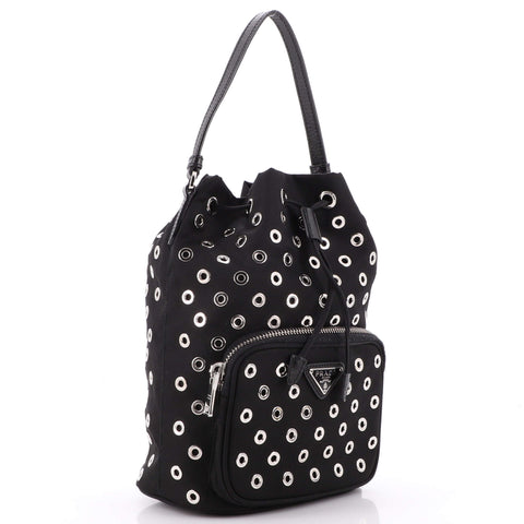 Prada Grommet Drawstring Bucket Bag Tessuto Medium Black 2016631