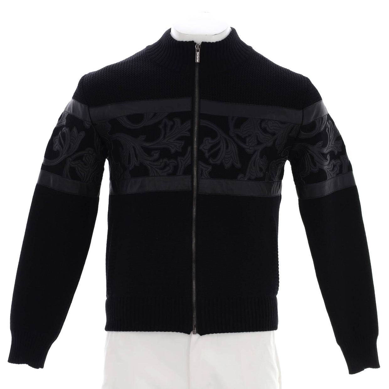 Versace Men's Zip Up Baroque Sweater Wool and Leather Black 20678932