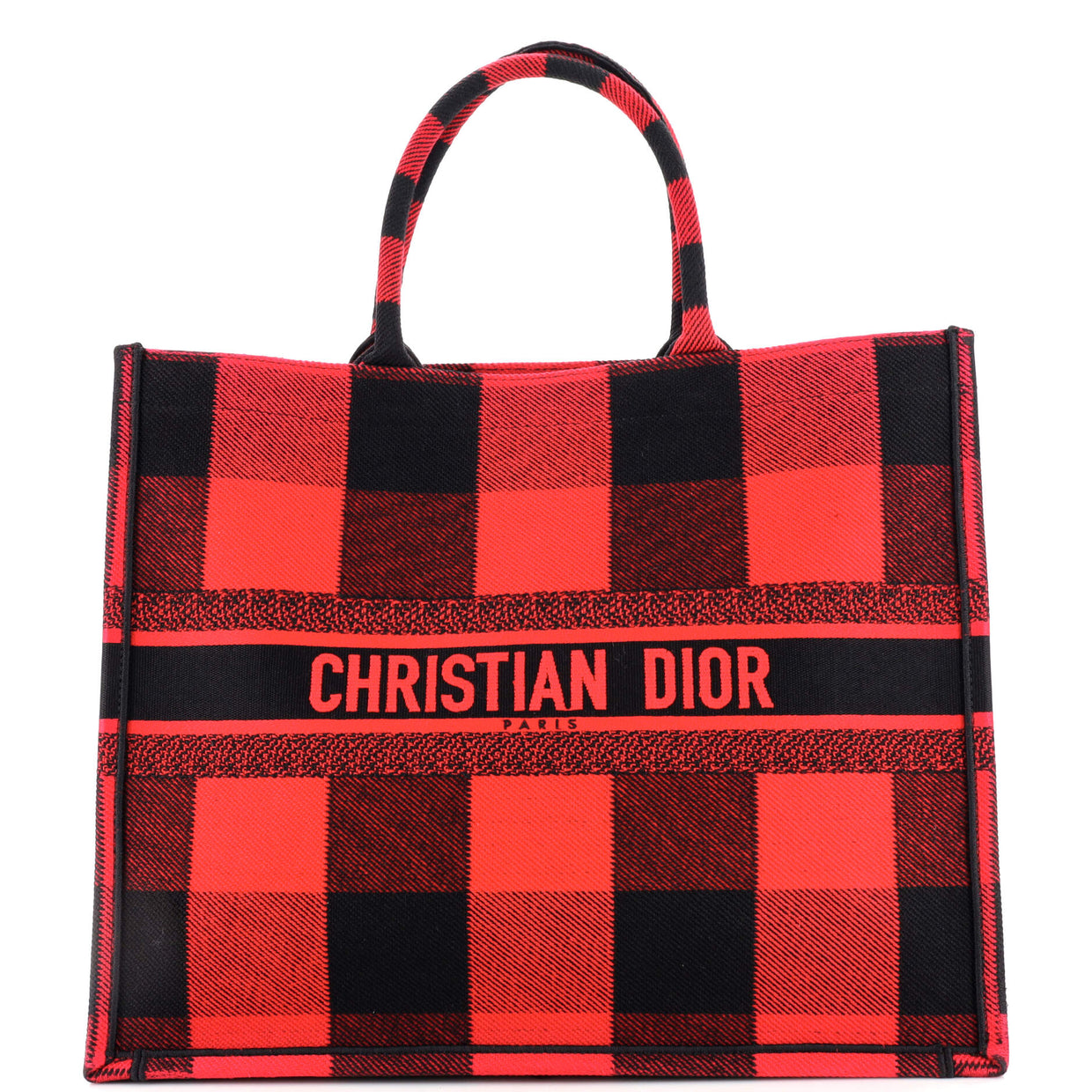 Christian Dior Book Tote Plaid Canvas Large Red 21663746