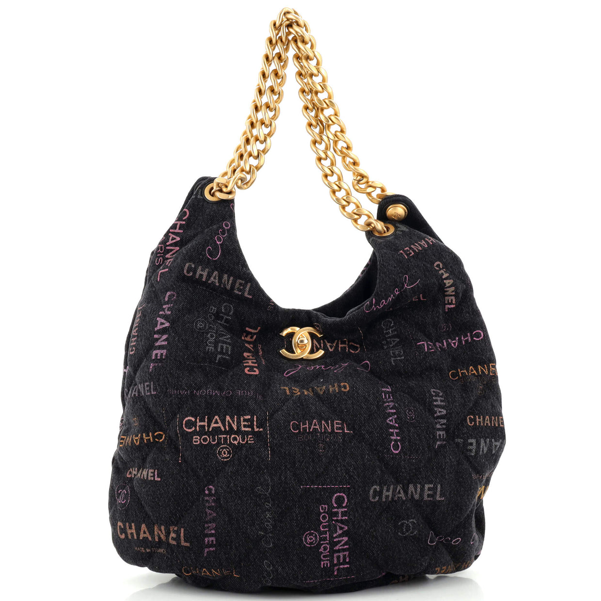 Chanel Denim Mood Hobo Logo Printed Quilted Denim Maxi Black 22482422