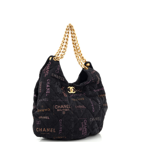 Chanel Denim Mood Hobo Logo Printed Quilted Denim Maxi Black 22482422