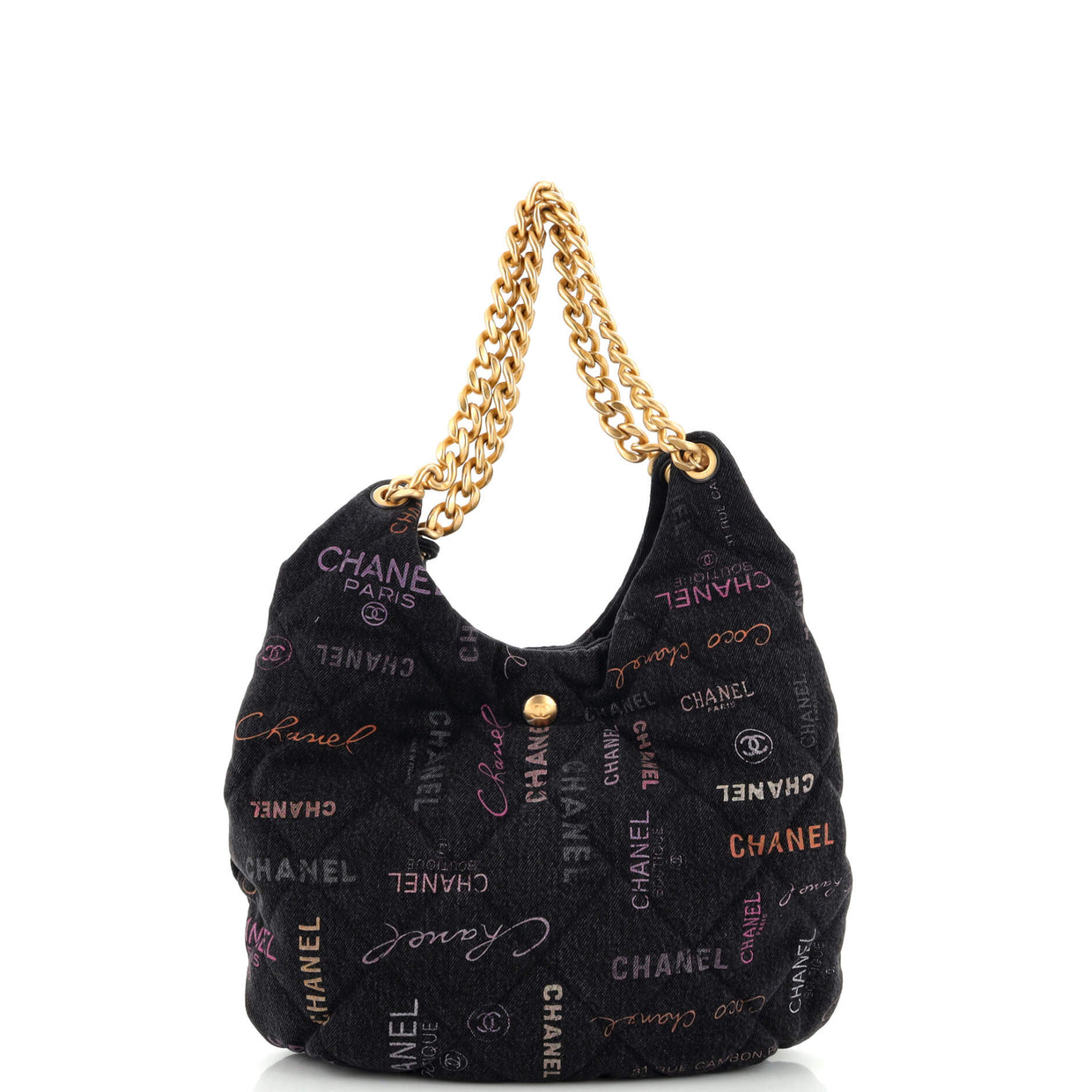 Chanel Denim Mood Hobo Logo Printed Quilted Denim Maxi Black 22482422