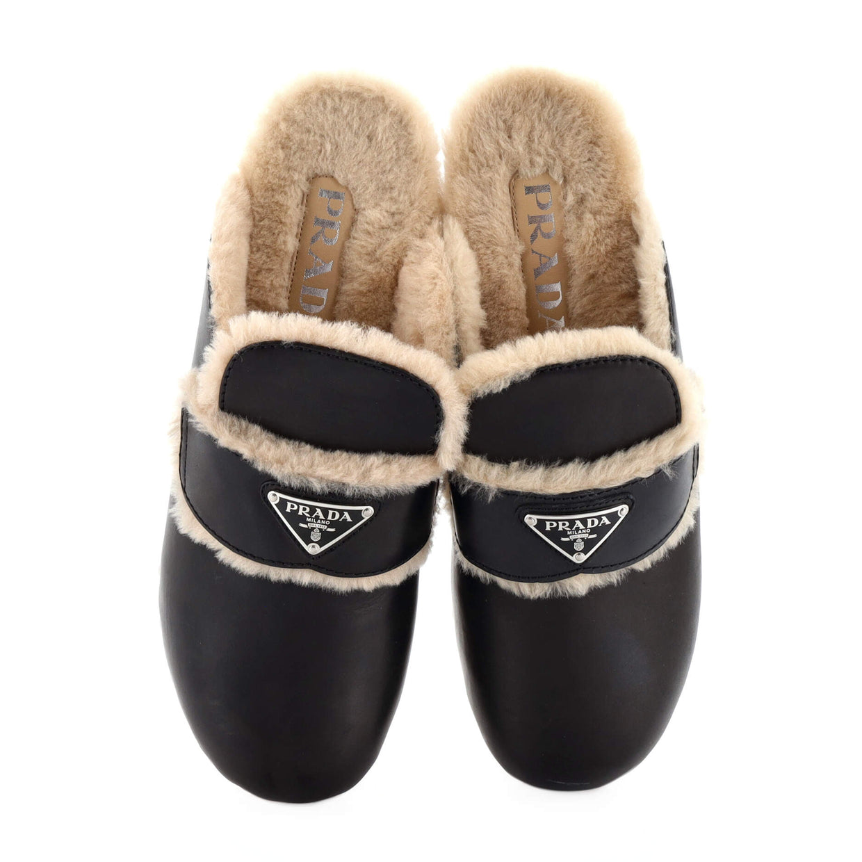 Prada Women's Logo Mule Clogs Leather and Shearling Black 2333388