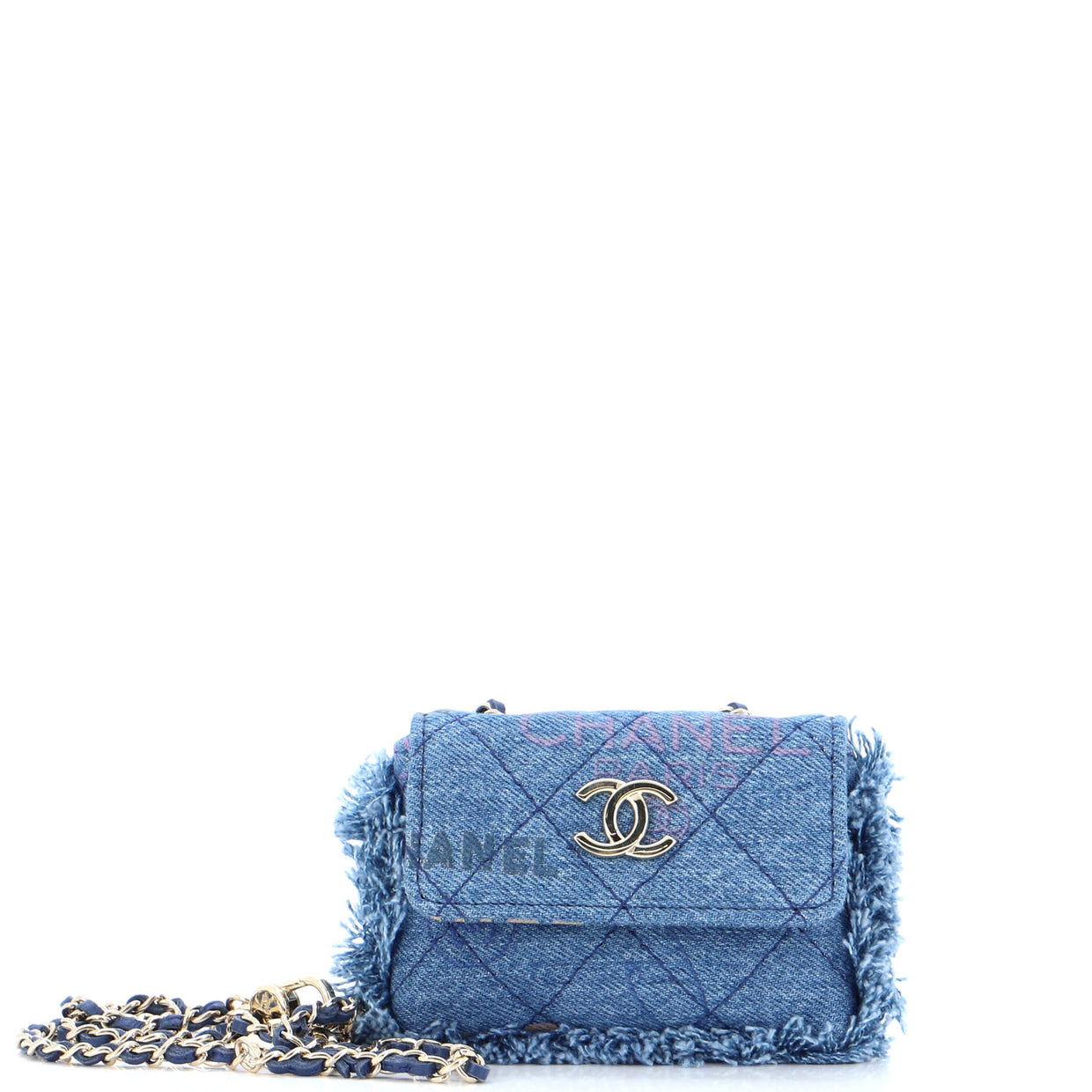 Chanel Denim Mood Flap Belt Bag Logo Printed Quilted Fringe Denim Micro ...