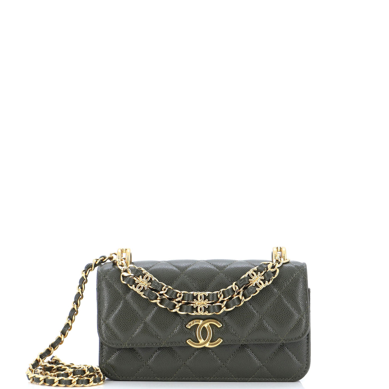 Chanel Coco First Flap Phone Holder with Chain Quilted Caviar Green ...