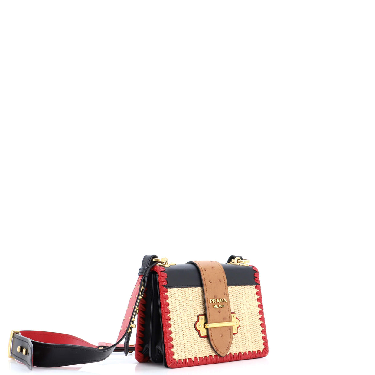 Prada Cahier Crossbody Bag Straw and Leather with Ostrich Small Black 2411092