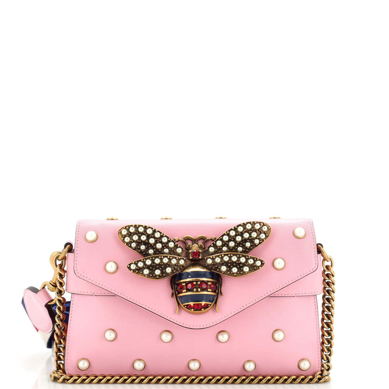 Gucci Broadway Pearly Bee Shoulder Bag Embellished Leather Mini Pink ...