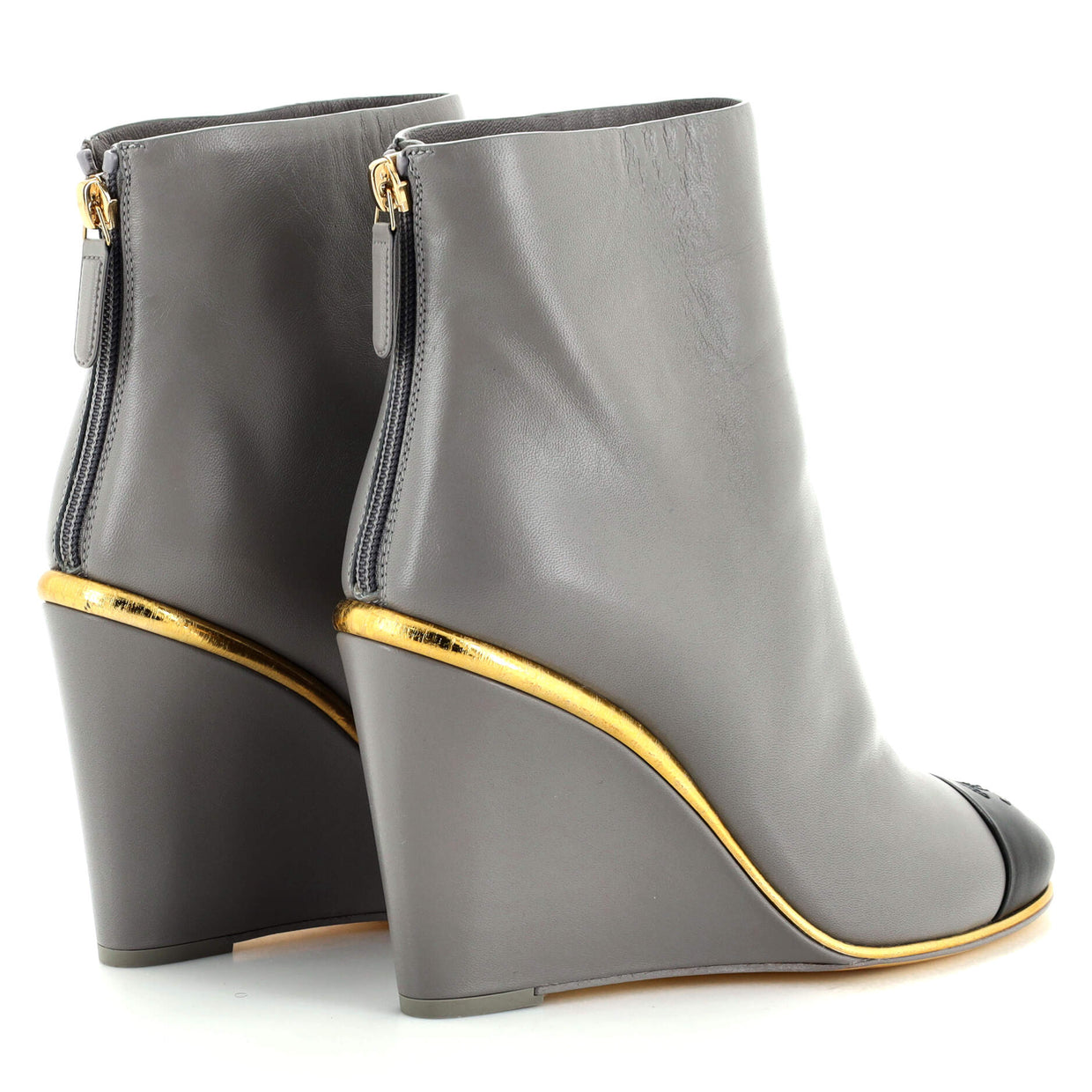 Chanel Women's CC Cap Toe Wedge Ankle Boots Leather Gray 2518617