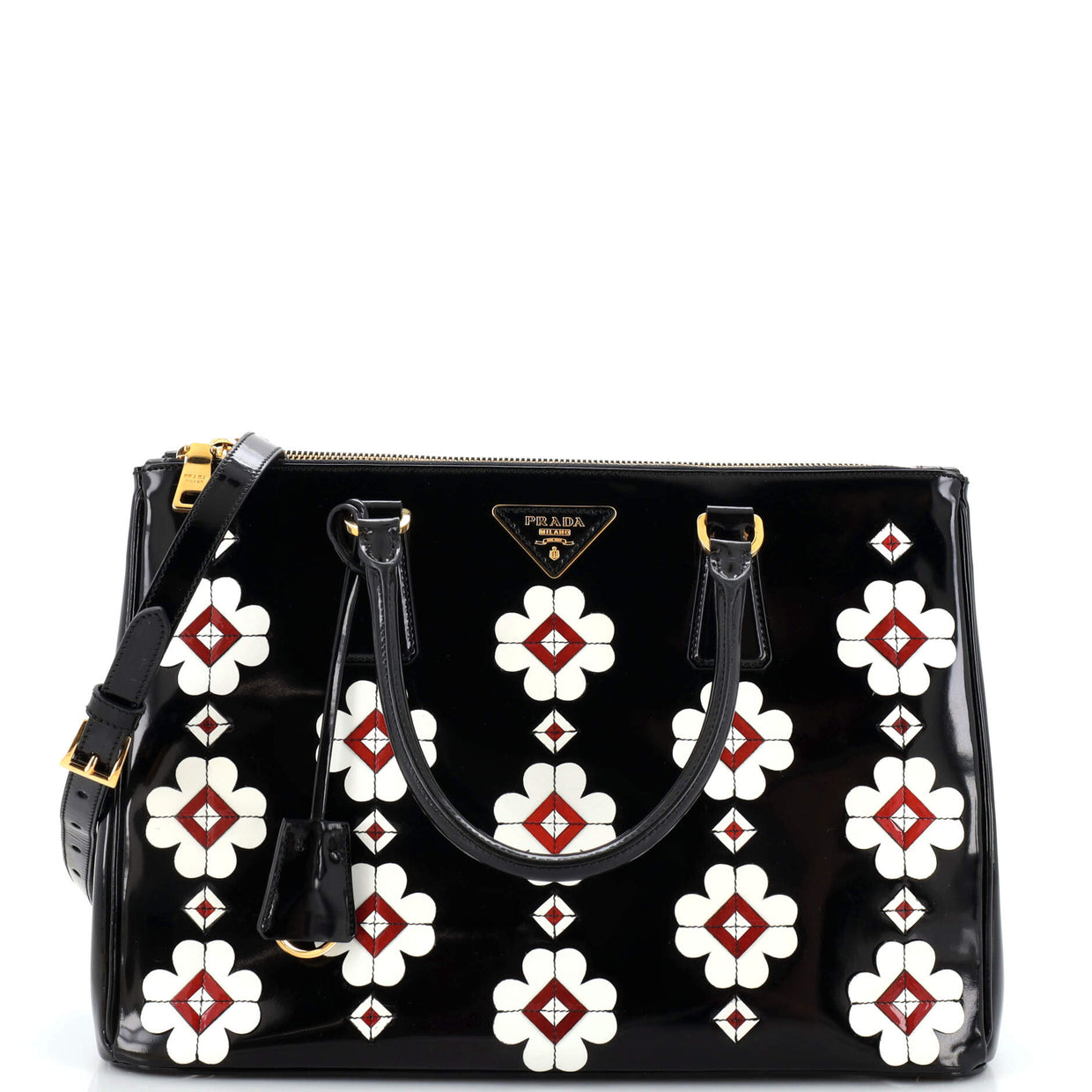 Prada Flowers Galleria Double Zip Tote Spazzolato Leather Medium Black ...