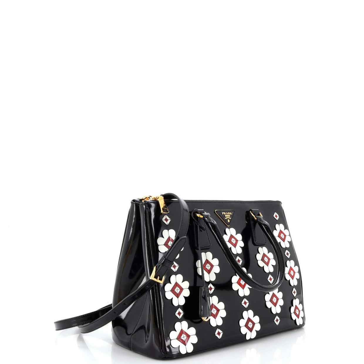 Prada Flowers Galleria Double Zip Tote Spazzolato Leather Medium Black ...