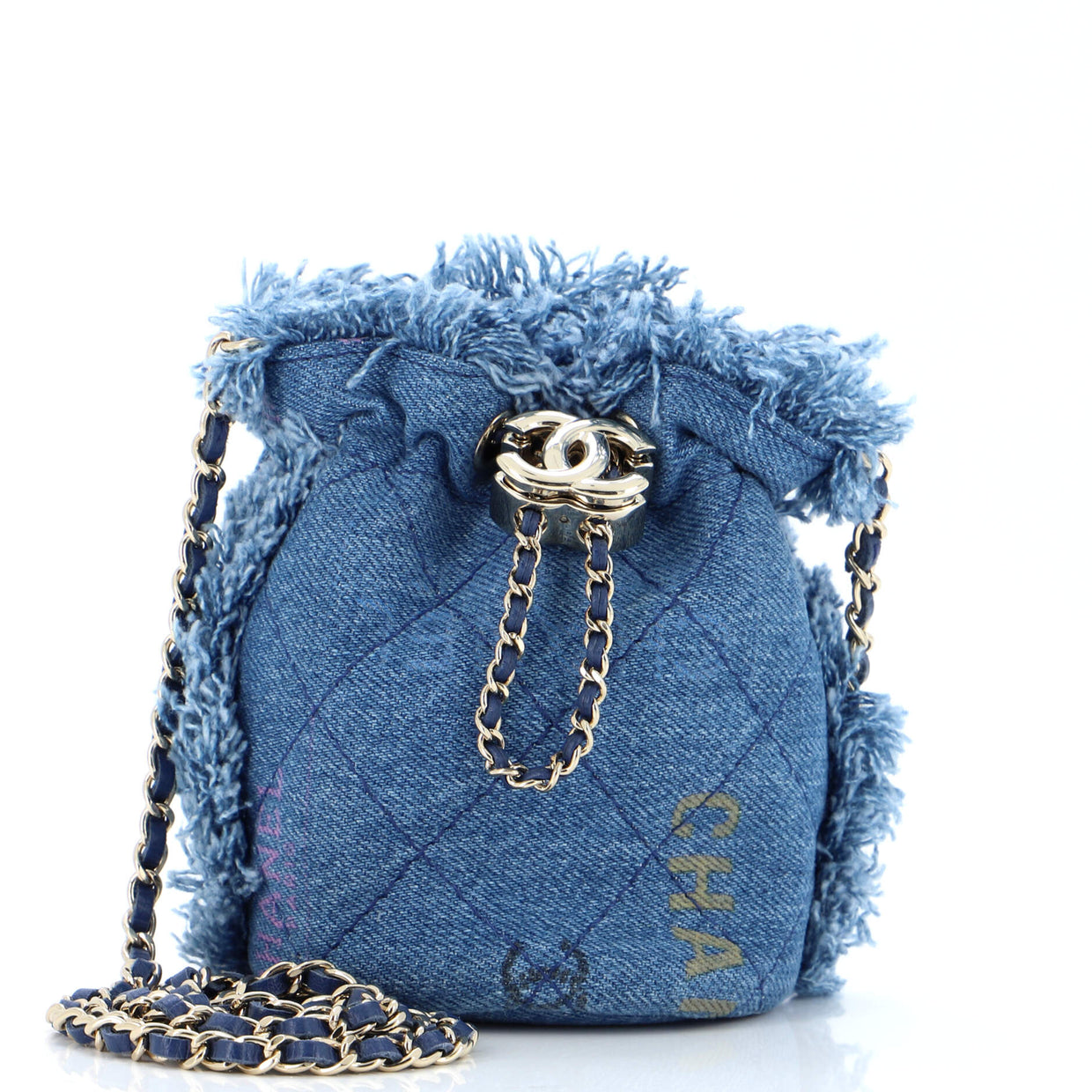 Chanel Denim Mood Chain Bucket Bag Logo Printed Quilted Fringe Denim ...
