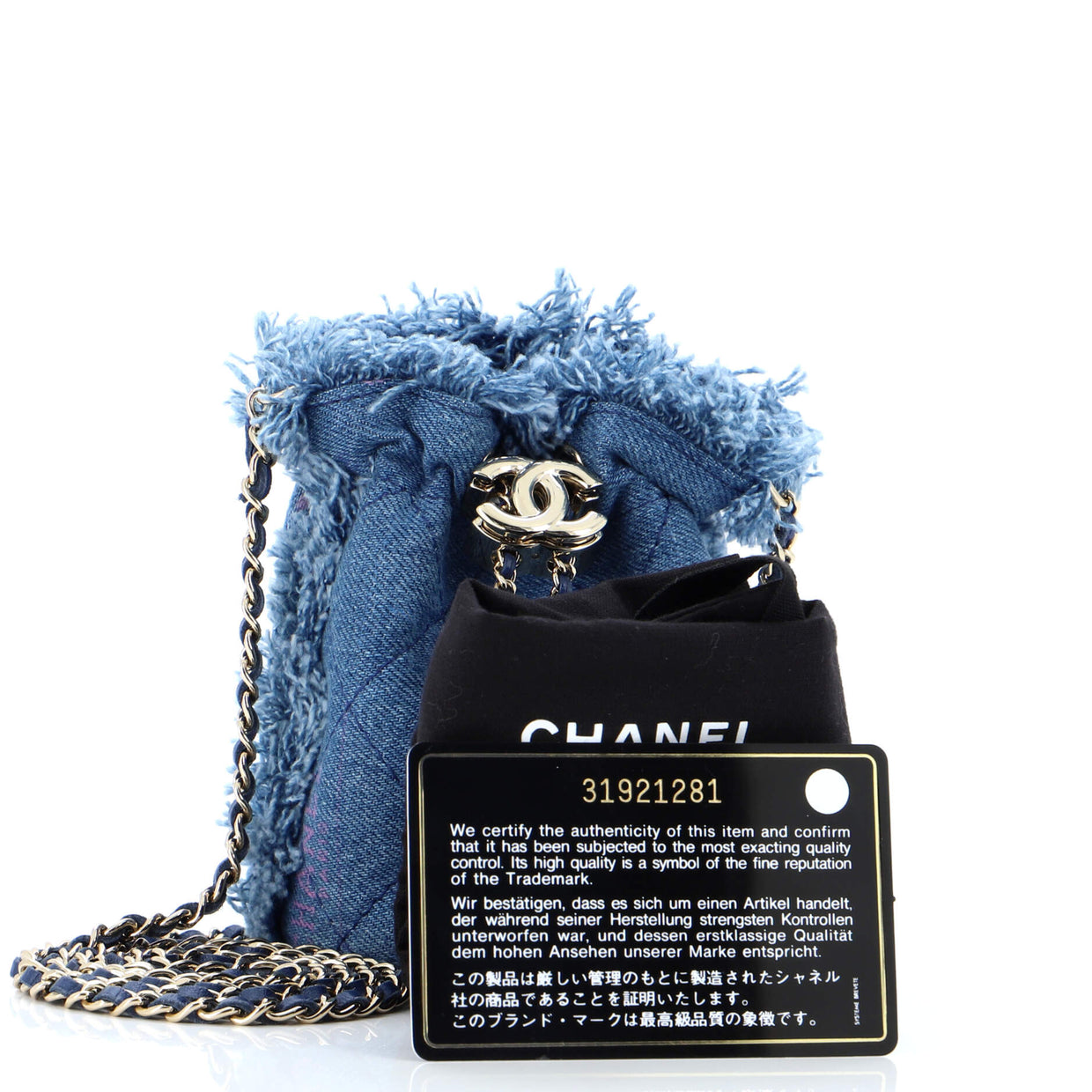 Chanel Denim Mood Chain Bucket Bag Logo Printed Quilted Fringe Denim ...
