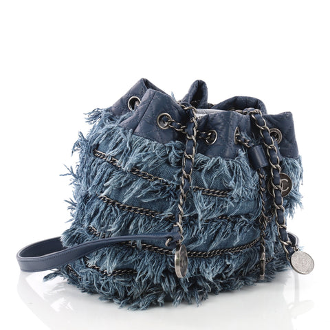 Buy Chanel Drawstring Charm Bucket Bag Fringe Denim Blue 3387505