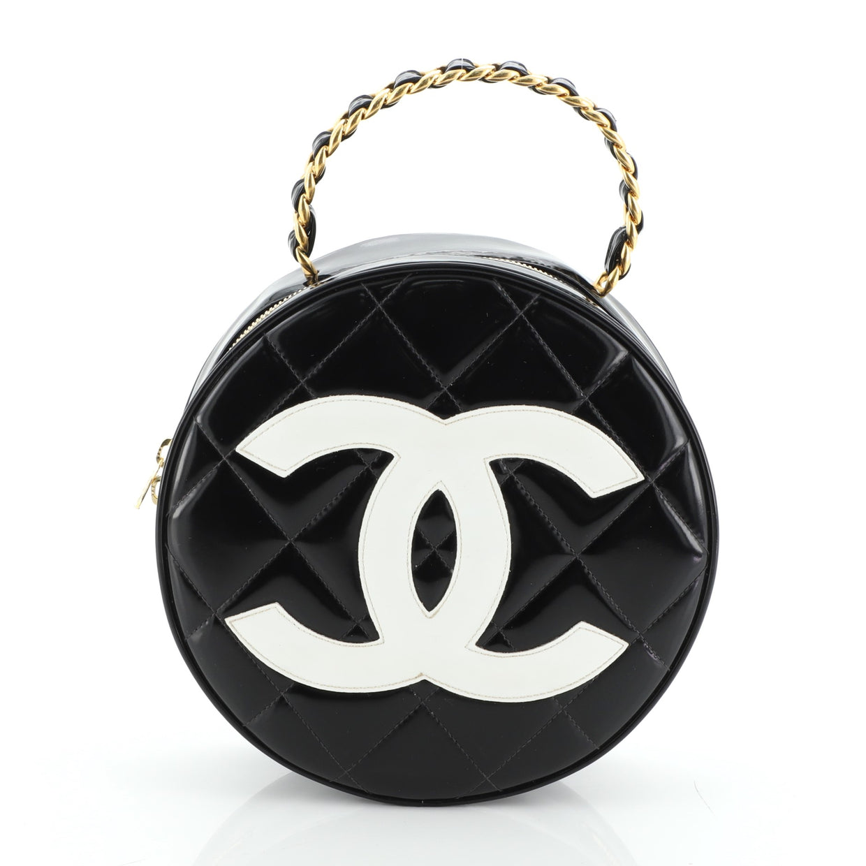 Chanel Vintage Round Top Handle Vanity Case Quilted Patent Black 55588141