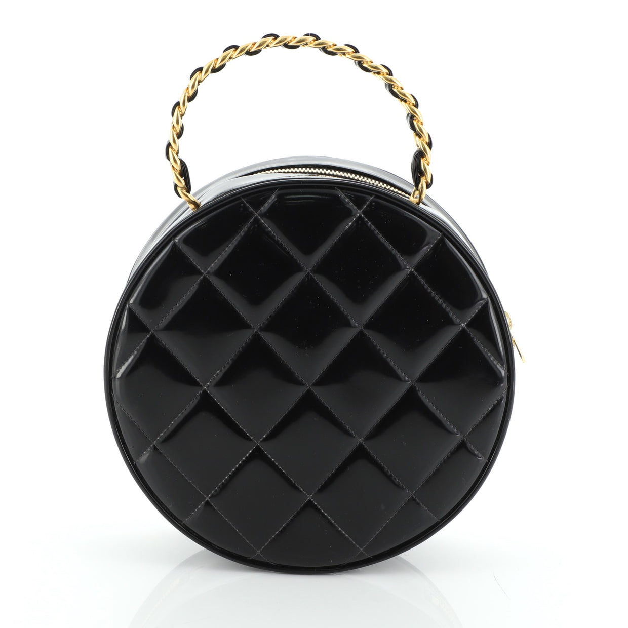 Chanel Vintage Round Top Handle Vanity Case Quilted Patent Black 55588141