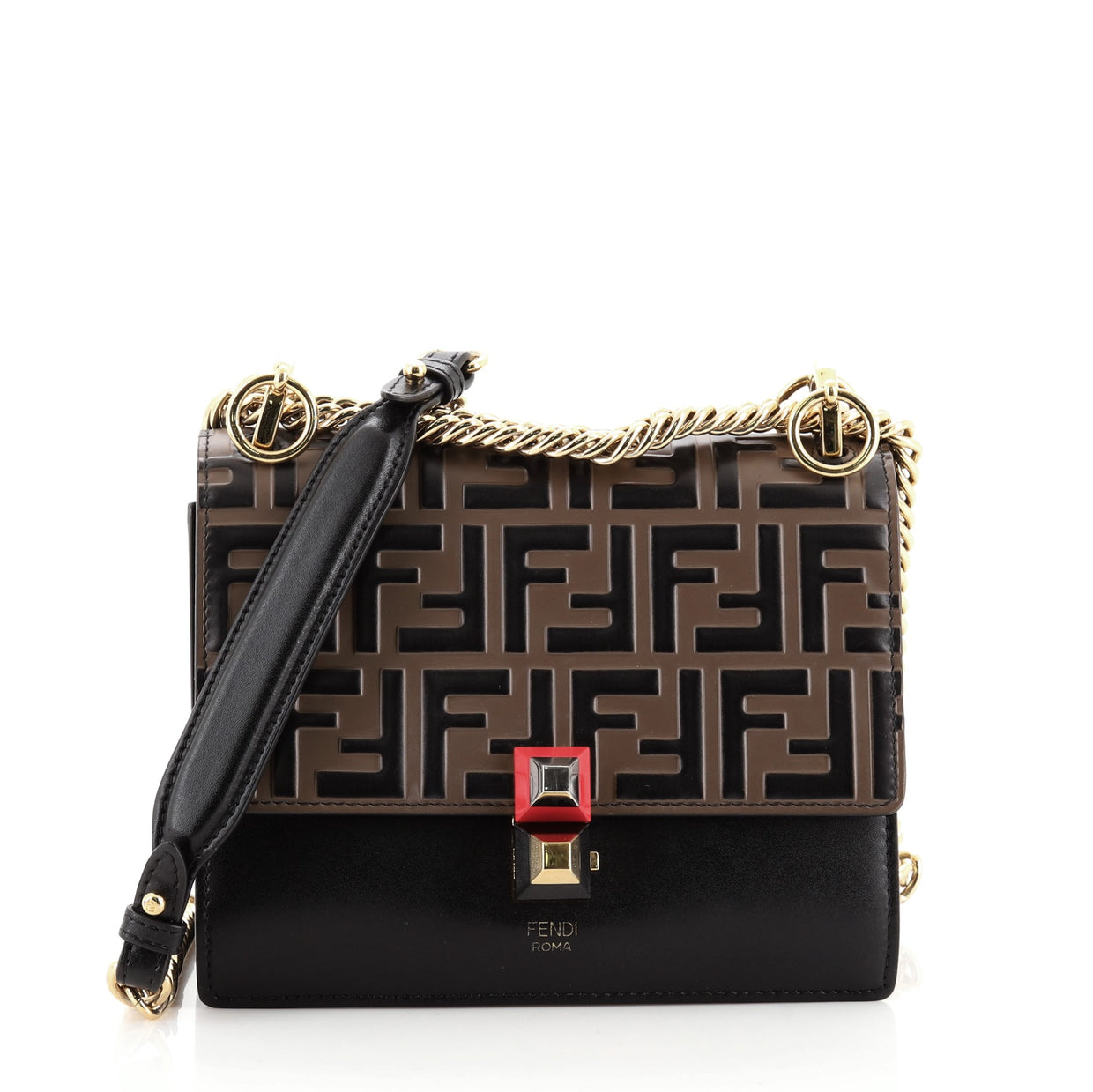 Fendi Kan I Bag Zucca Embossed Leather Small Black 667159